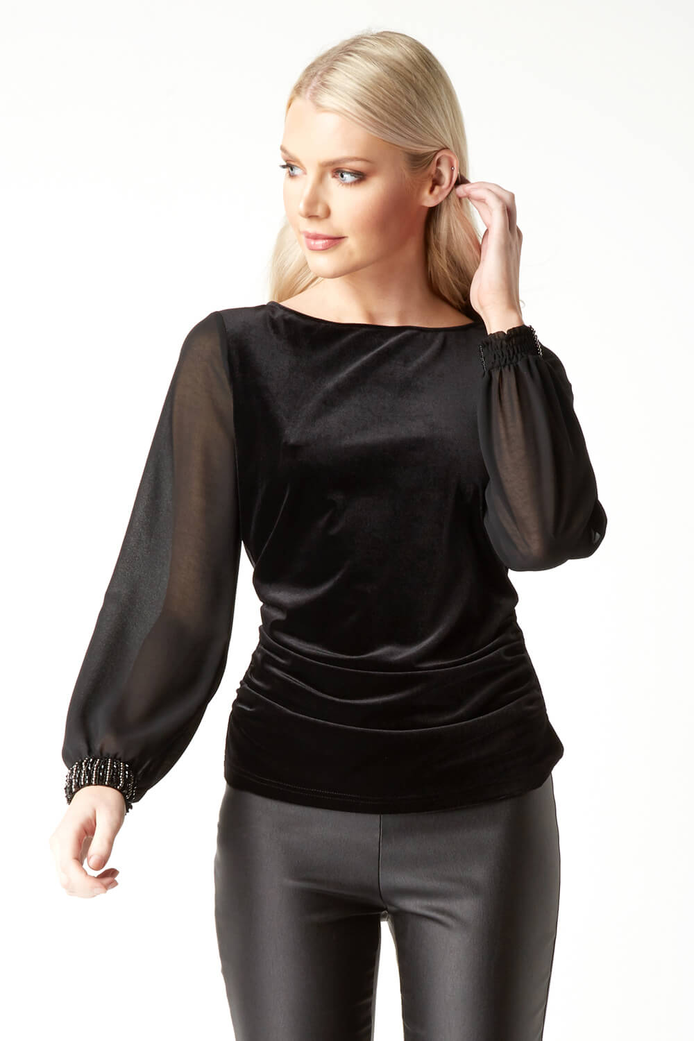 Velvet Embellished Cuff Top in Black - Roman Originals UK