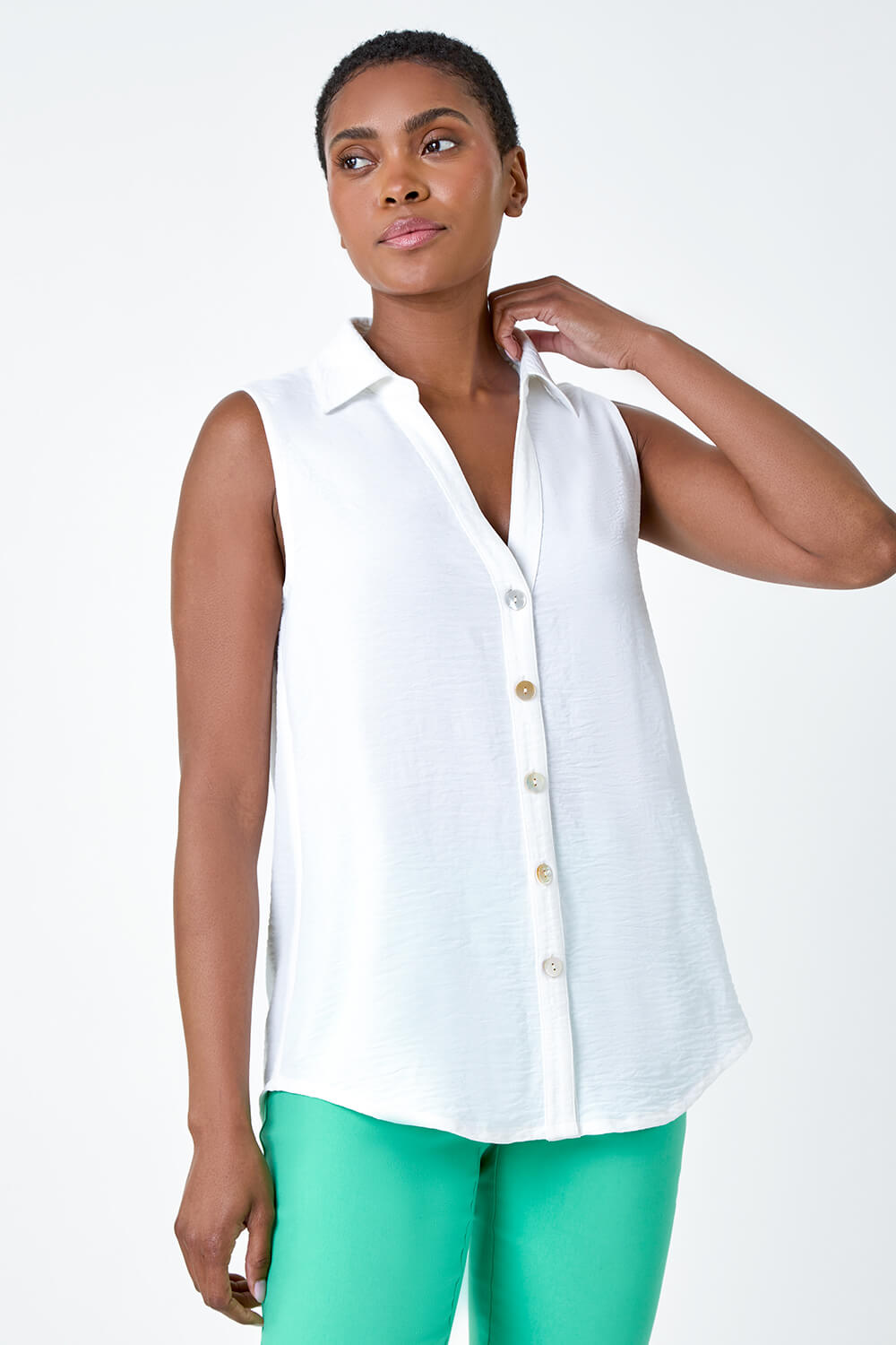 Ivory Sleeveless Button Through Top | Roman UK