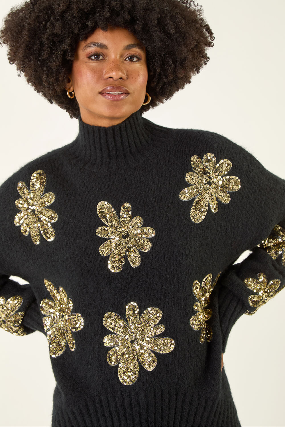 Black Floral Sequin Knit Jumper | Roman UK