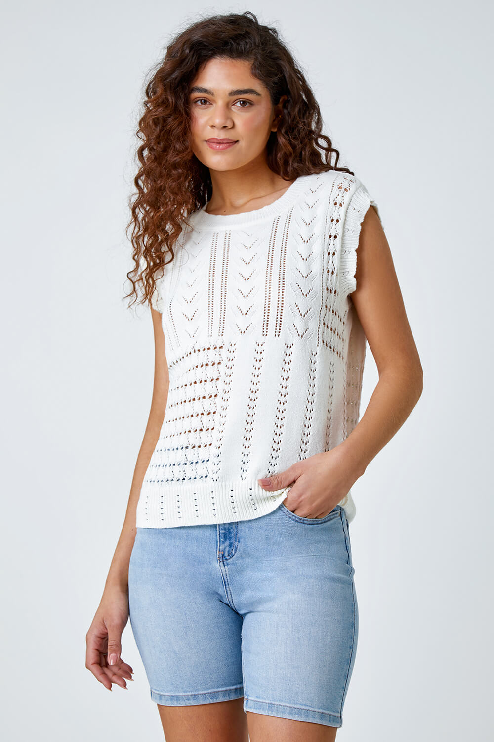 Ivory Pointelle Cotton Blend Knitted Vest | Roman UK