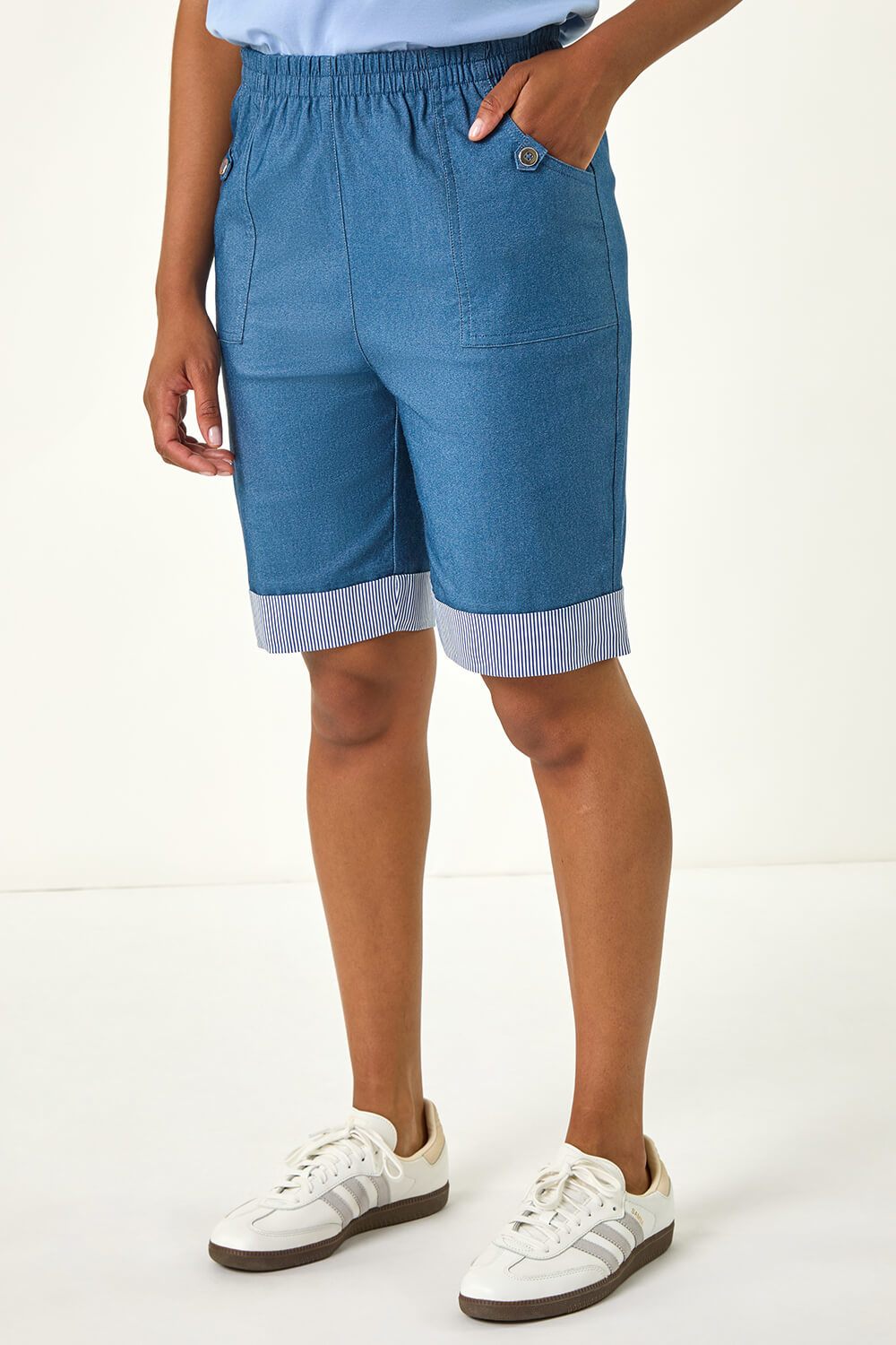 Denim Bengaline Turn Up Stripe Stretch Shorts | Roman UK