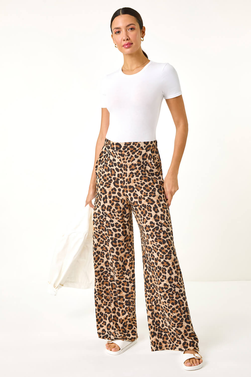 Camel Animal Print Wide Leg Trouser | Roman UK