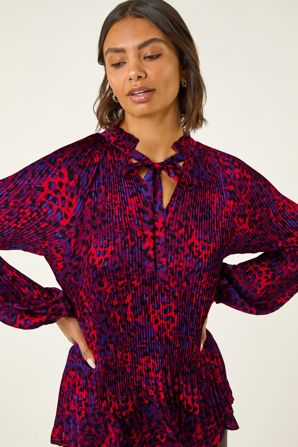 Red Animal Print Tie Neck Pleated Top | Roman UK