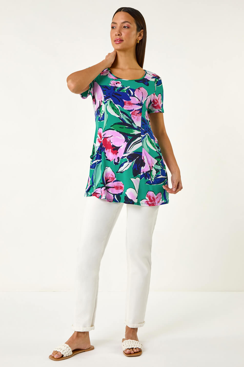 Turquoise Textured Floral Tunic Top | Roman UK