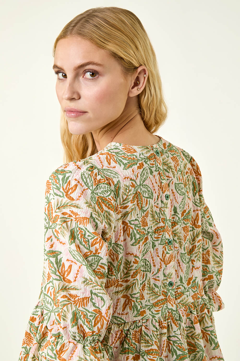 Green Leaf Print Textured Stretch Top | Roman UK