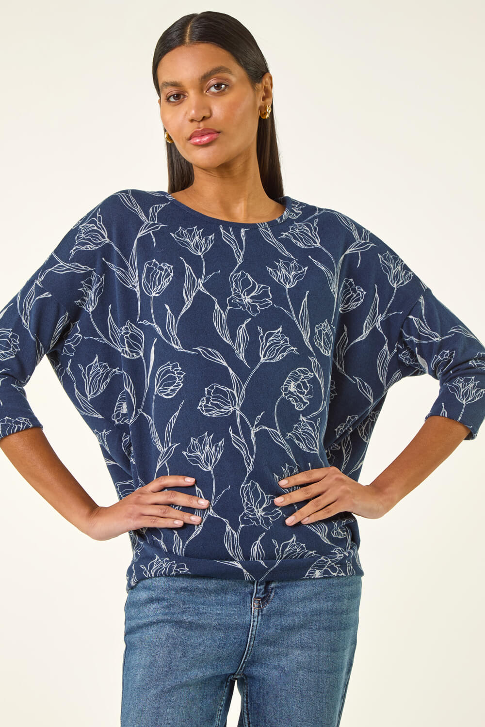 Navy Floral Print Snit Top | Roman UK