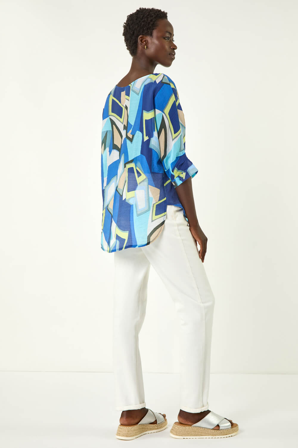 Blue Abstract Print Stretch Top | Roman UK
