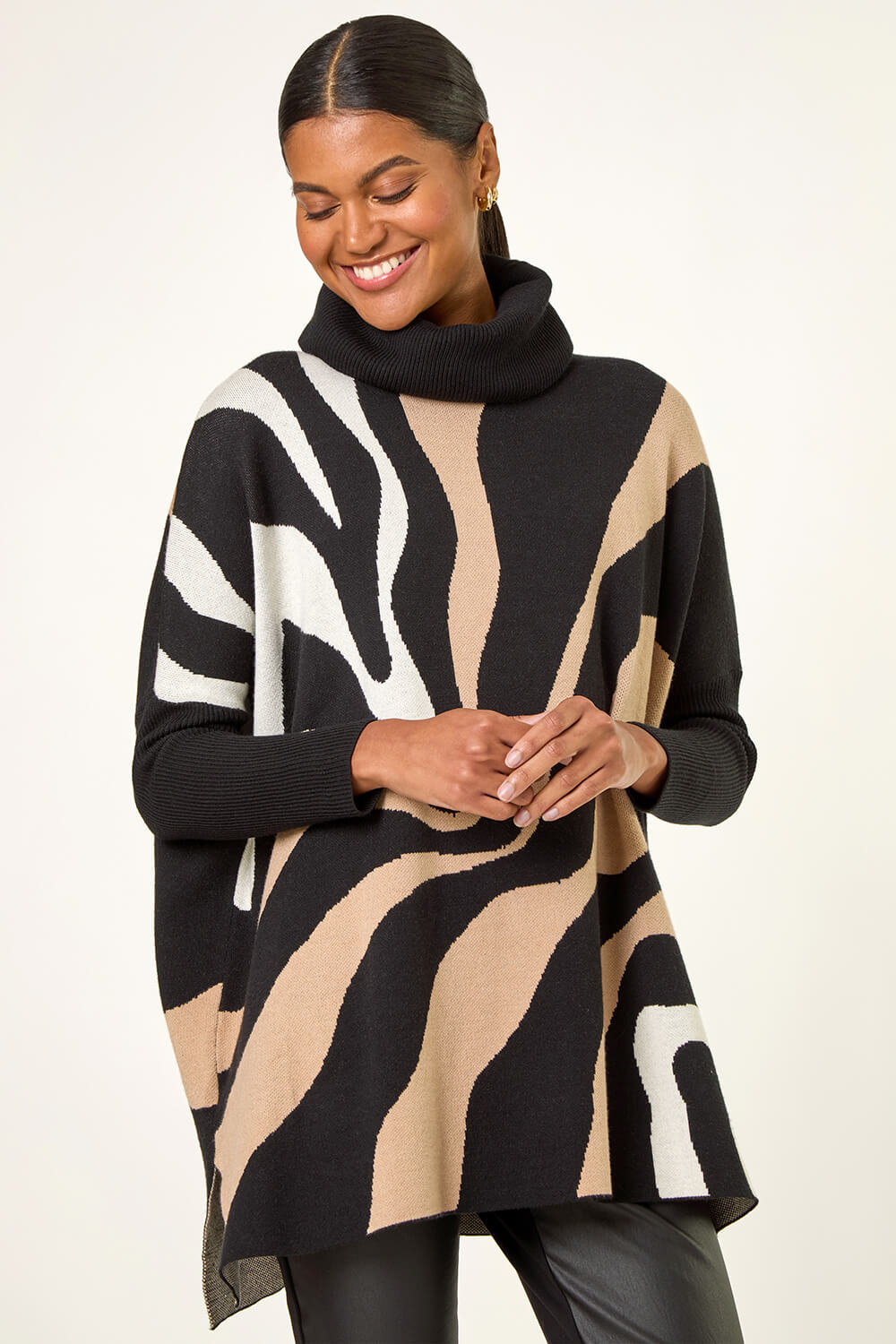 Black Wave Print Roll Neck Knit Jumper | Roman UK