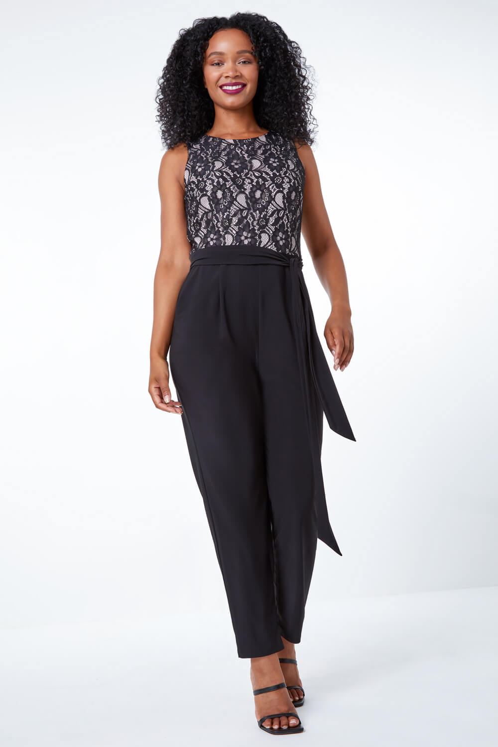 Petite Lace Belted Stretch Jumpsuit in Black | Roman UK
