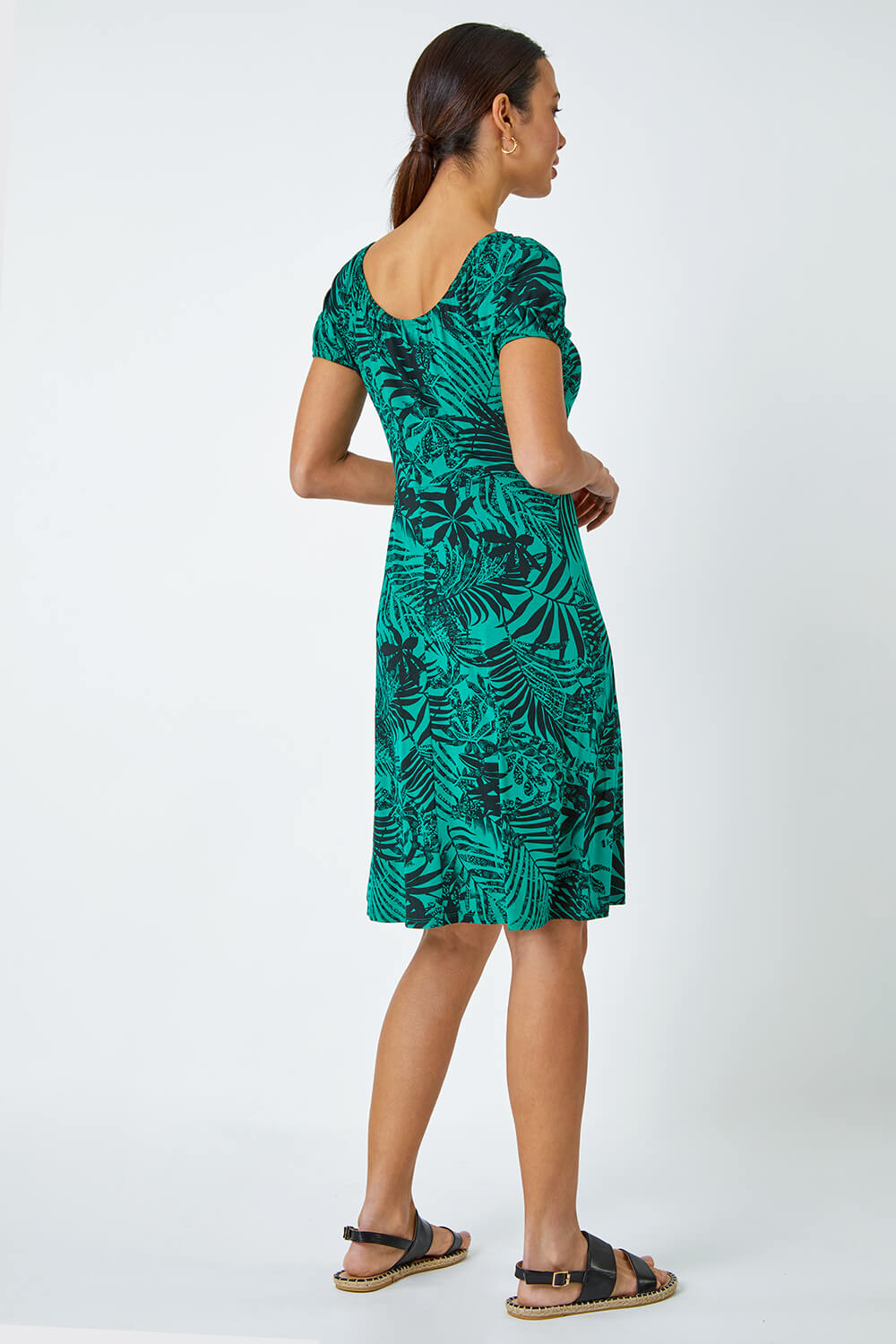 Green Leaf Print Stretch Ruched Dress | Roman UK