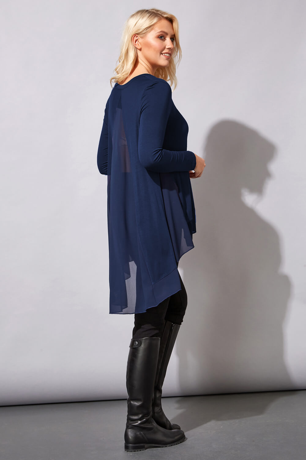 Chiffon Detail Dipped Hem Top in Navy - Roman Originals UK