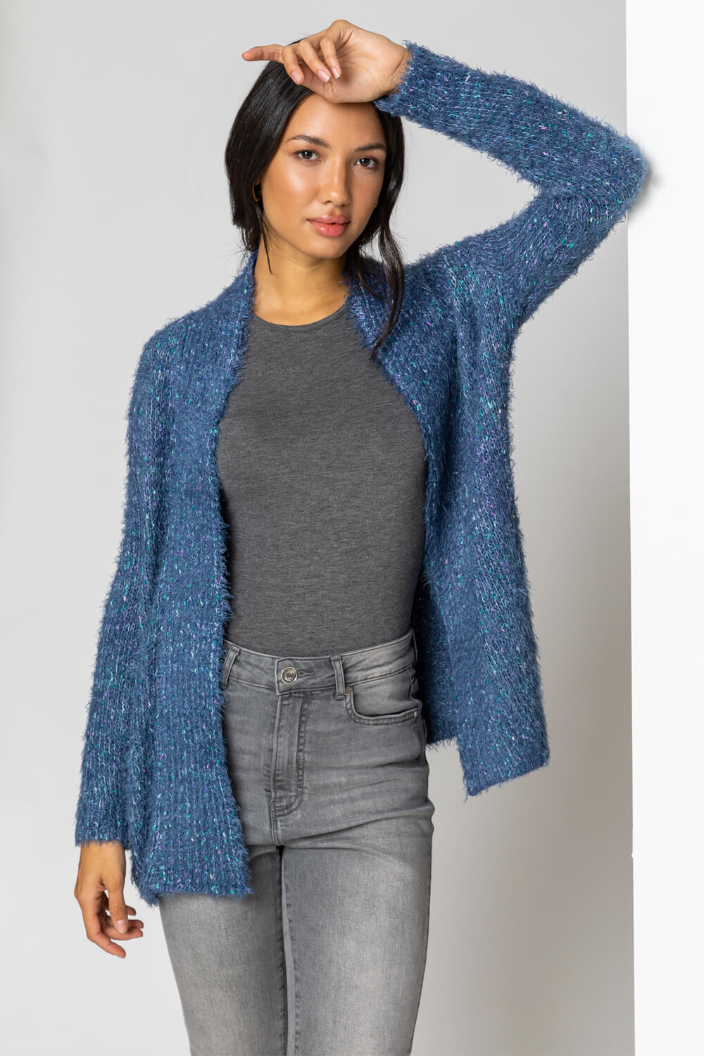 Fluffy Longline Cardigan in Denim - Roman Originals UK